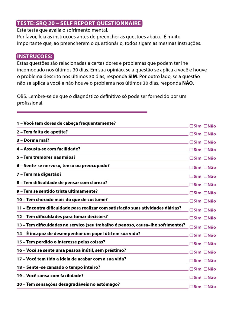 Teste: SRQ 20 - Self Report Questionnaire | PDF