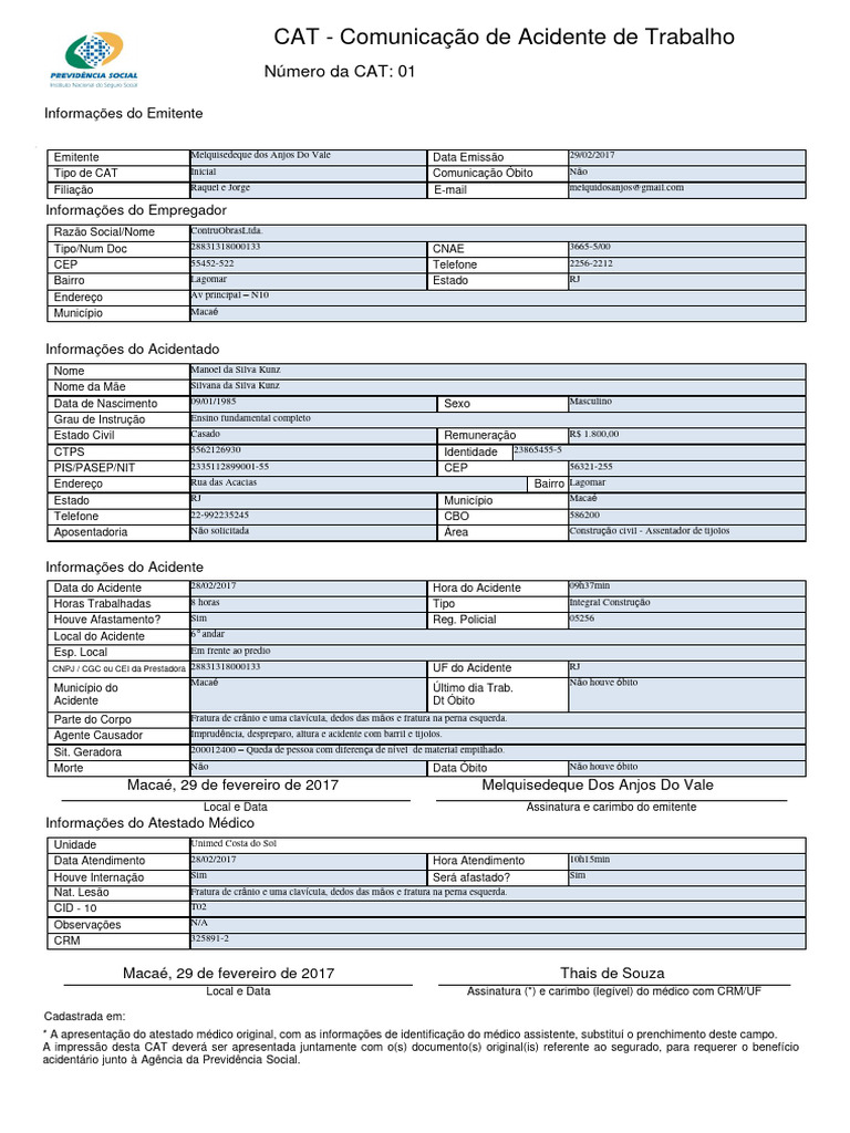 Formulário CAT SA1E1 - Melqui | PDF