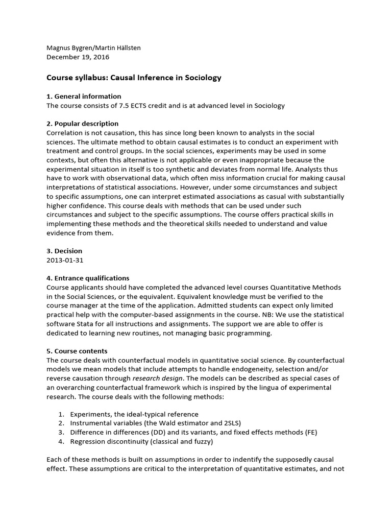 Course Syllabus 2017 Causal Inference | PDF | Statistics | Causality