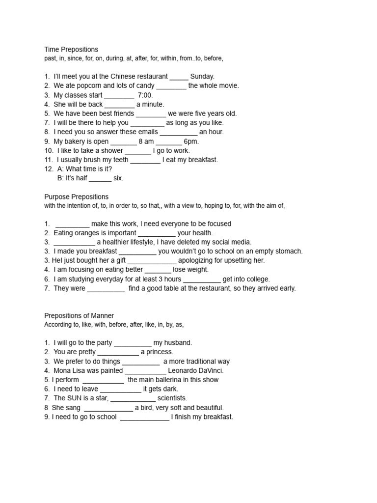 Prepositions Exercise | PDF
