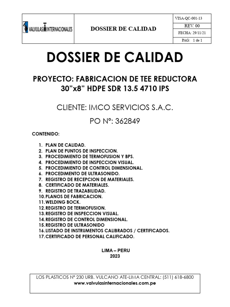 Dossier de Calidad Imco Servicios Sac Oct-2023 Tee Reductora 30x8 | PDF | Tubería (transporte de ...