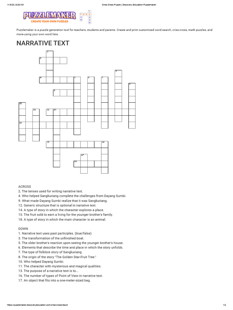 Criss Cross Puzzle - Discovery Education Puzzlemaker | PDF | Young Adult