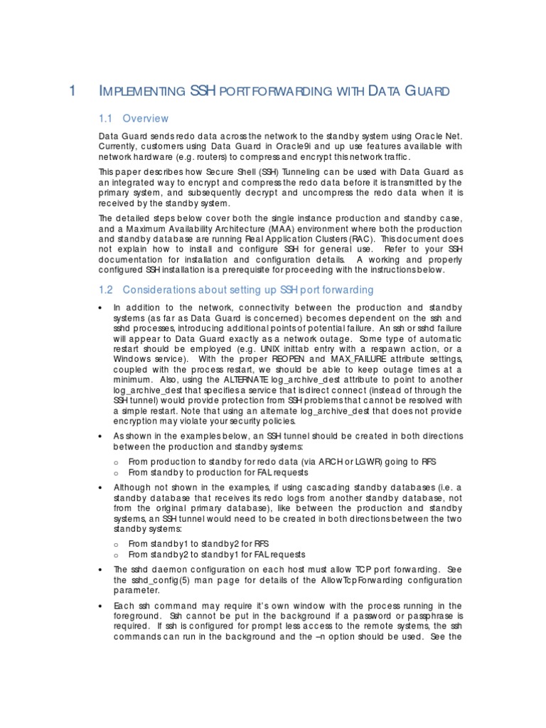 Implementing SSH Port Forwarding With Data Guard | PDF | Secure Shell | Oracle Database