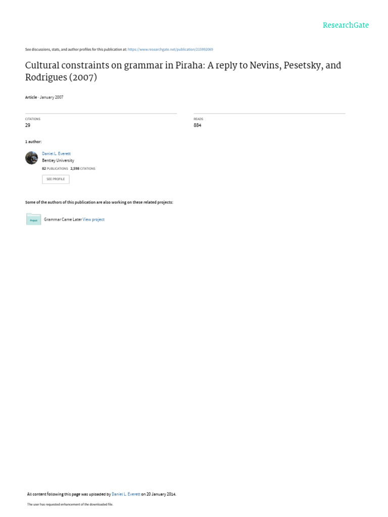 Cultural Constraints On Grammar in Piraha A Reply | PDF | Morphology ...