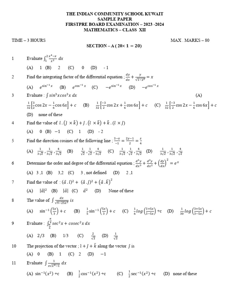 The Indian Community School Kuwait Sample Paper Firstpre Board Examination - 2023 - 2024 ...