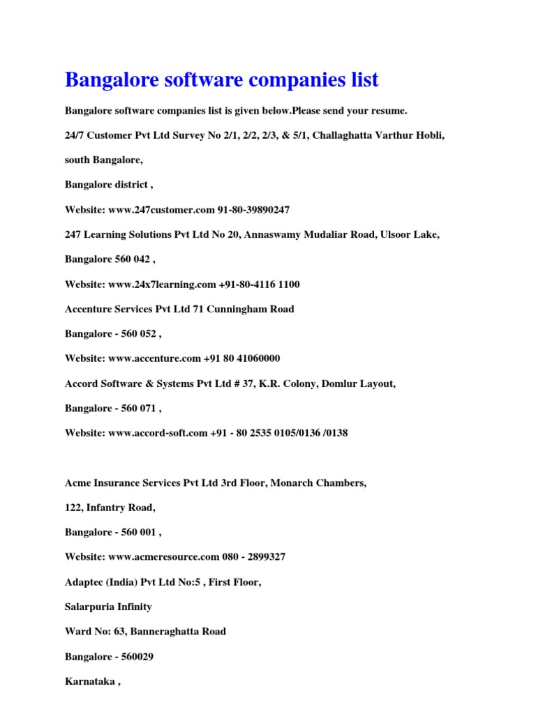 Bangalore Software Companies List | PDF