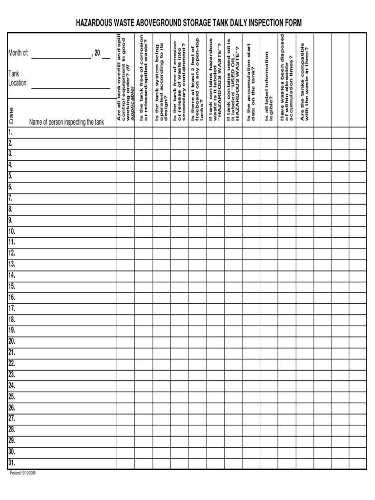 Sbcfire Hazardous Waste Ast Daily Inspection Checklist Monthly View ...