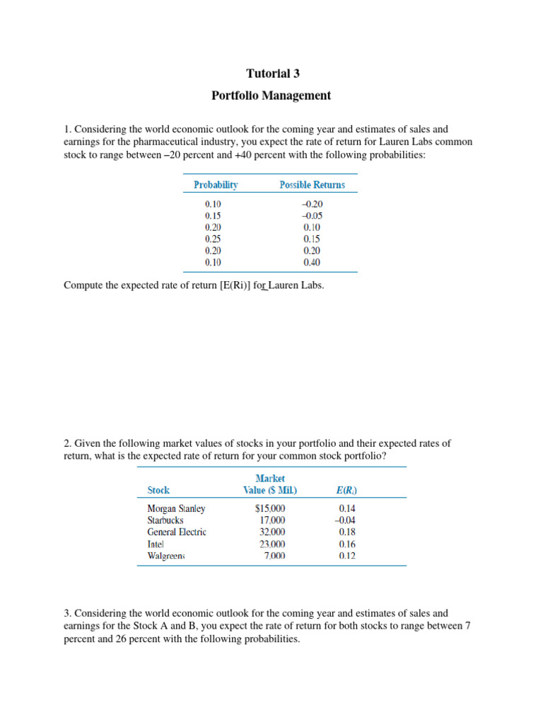 Portfolio Management Tutorial 3 | PDF | Business | Finance & Money ...