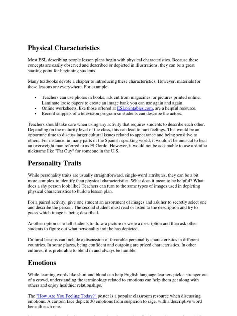 Teaching Physical Characteristics in ESL | PDF | Emotions | Teachers