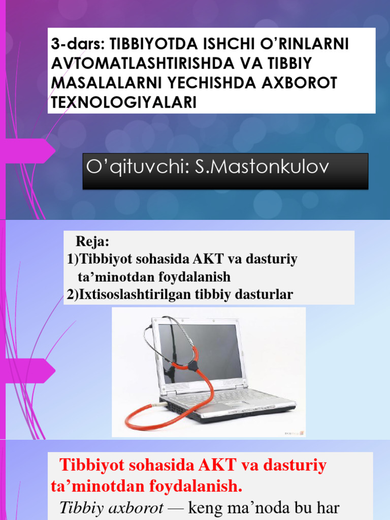 3-Dars: Tibbiyotda Ishchi O'Rinlarni Avtomatlashtirishda Va Tibbiy ...