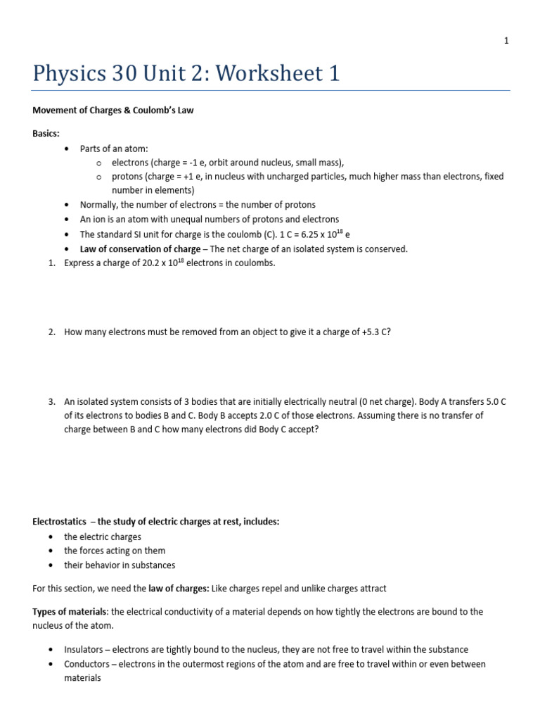Physics 30 Unit 2: Worksheet 1: Movement of Charges & Coulomb's Law ...