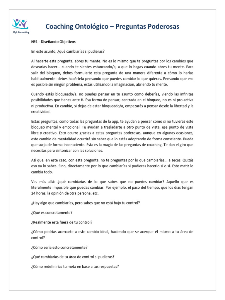 Preguntas Poderosas en Coaching Ontológico | PDF | Mente | Pensamiento