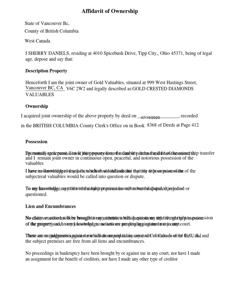 Affidavit of Ownership for Gold Valuables | PDF | Affidavit | Ownership