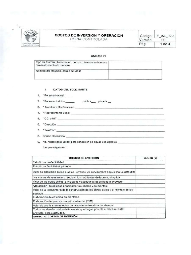 Formato Costos de Inversión y Operación | PDF