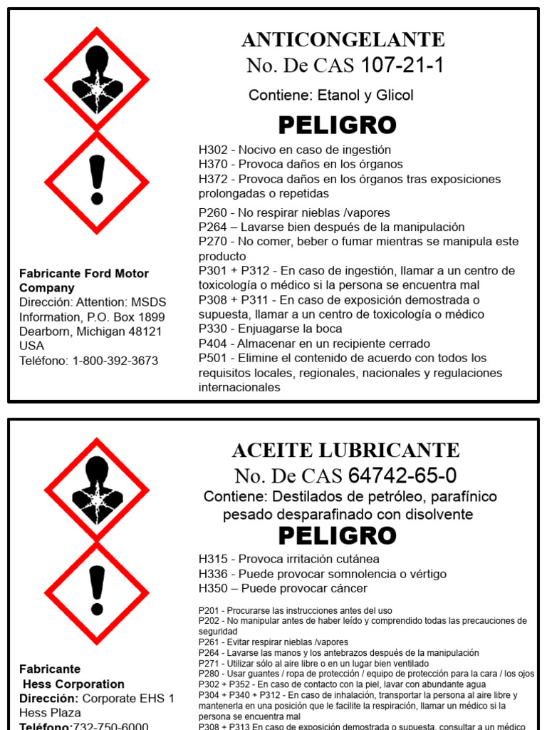 Etiquetas Anticongelante. Thinner, Aceite Lubricante | PDF | Sustancias ...