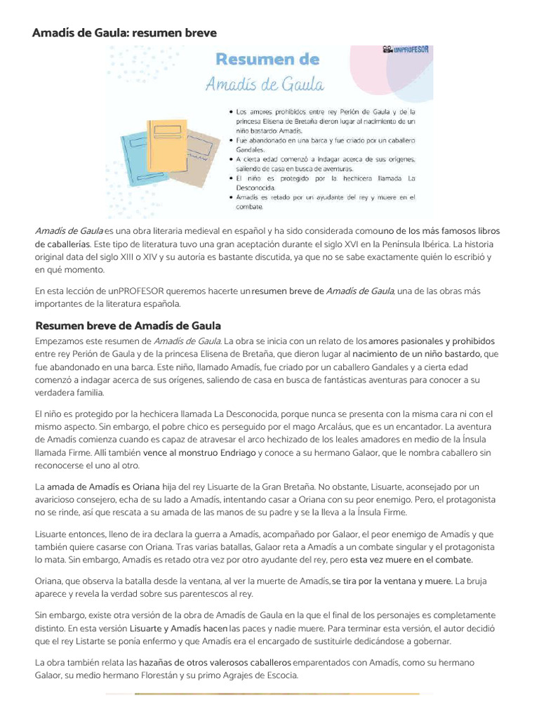 Amadís de Gaula - Resumen Breve | PDF