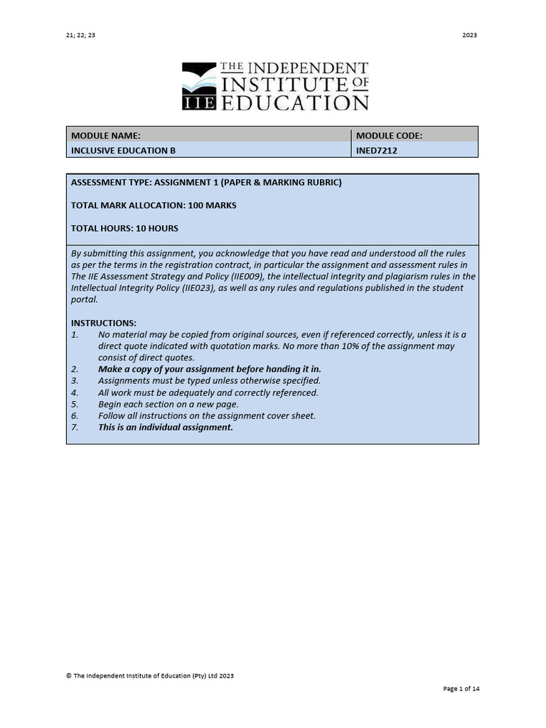 Module Name: Module Code: Inclusive Education B INED7212 Marking Rubric) Total Mark Allocation ...