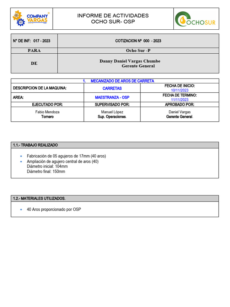 Informe #017-2023 Sap - Mecanizado de Aros de Carreta | PDF