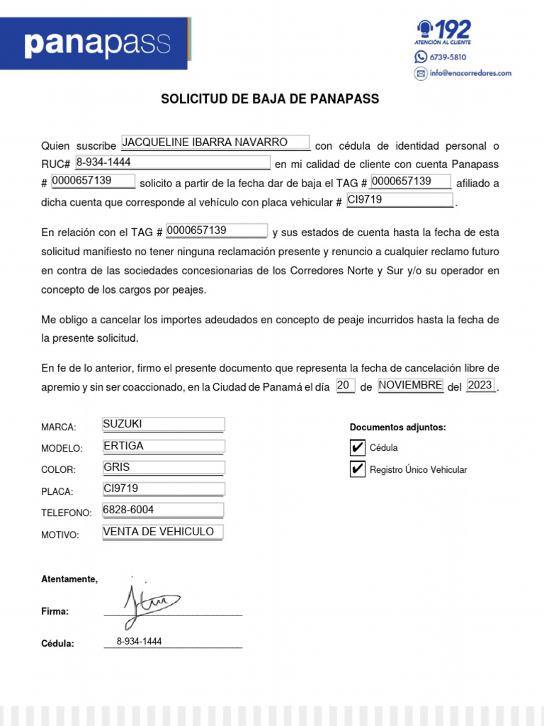 Solicitud de Baja de Tag Panapass | PDF