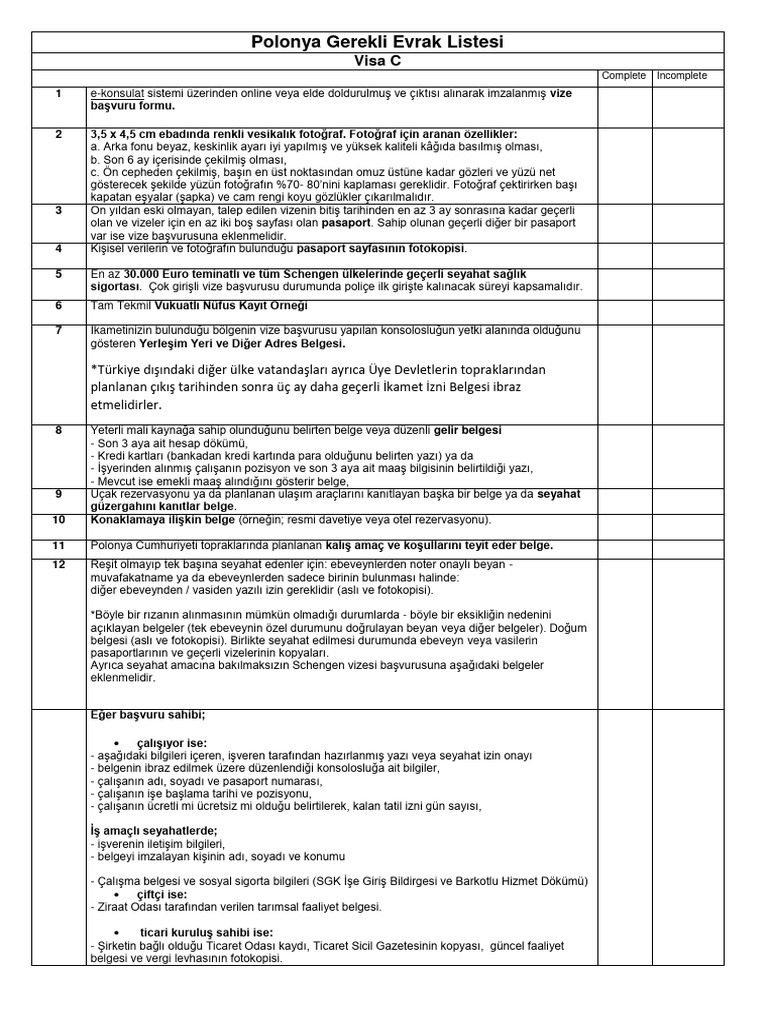 Poland Harmonized C Visa Checklist Dec 2021 | PDF