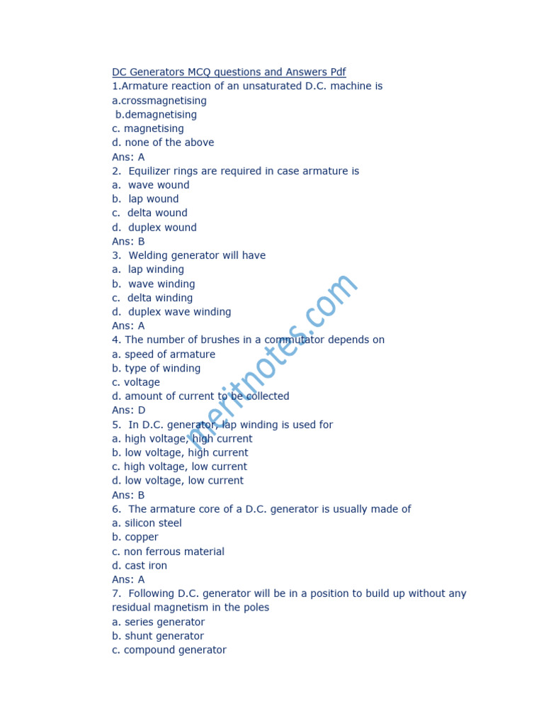 DC Generators MCQ Questions Answers | PDF | Home & Garden | Technology ...