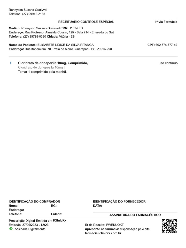 Receita Digital de Cloridrato de Donepezila | PDF | Receita médica ...