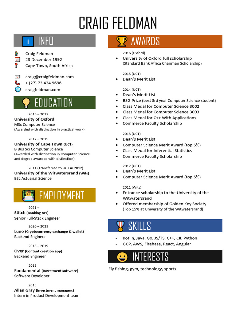 Craig Feldman - Curriculum Vitae | PDF | Computing | Software Engineering