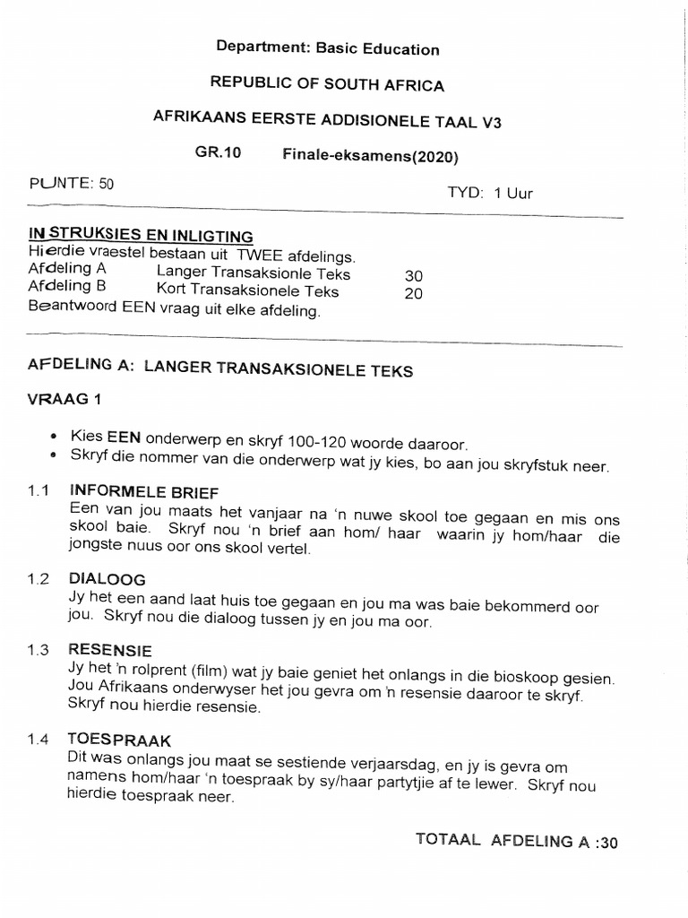 Afrikaans Grade 10 Nov 2020 P3 | PDF