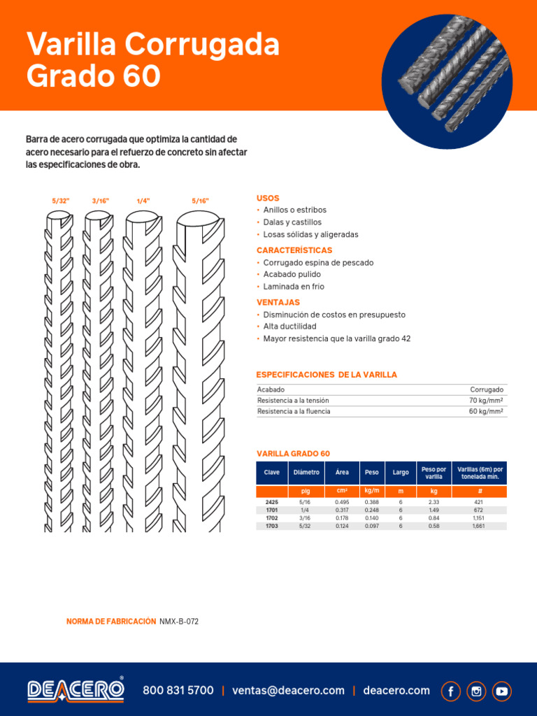 Varilla Grado 60 Deacero Ficha Tecnica | PDF | Hierro | Acero