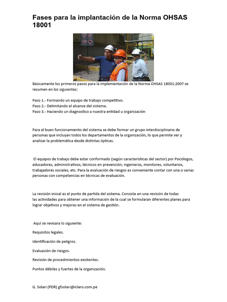 Fases para la implantación de la Norma OHSAS 18001 | PDF | Seguridad y ...