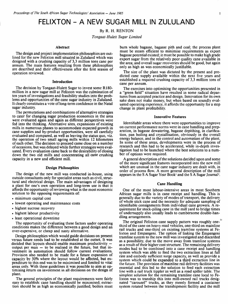 1985 Felixton A New Sugar Mill | PDF | Sugarcane | Boiler