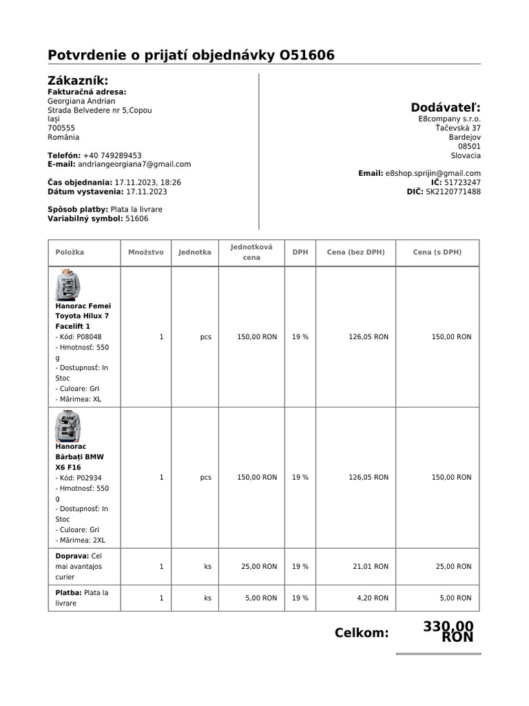 Potvrdenie o Prijatí Objednávky O51606: Zákazník: Dodávateľ | PDF