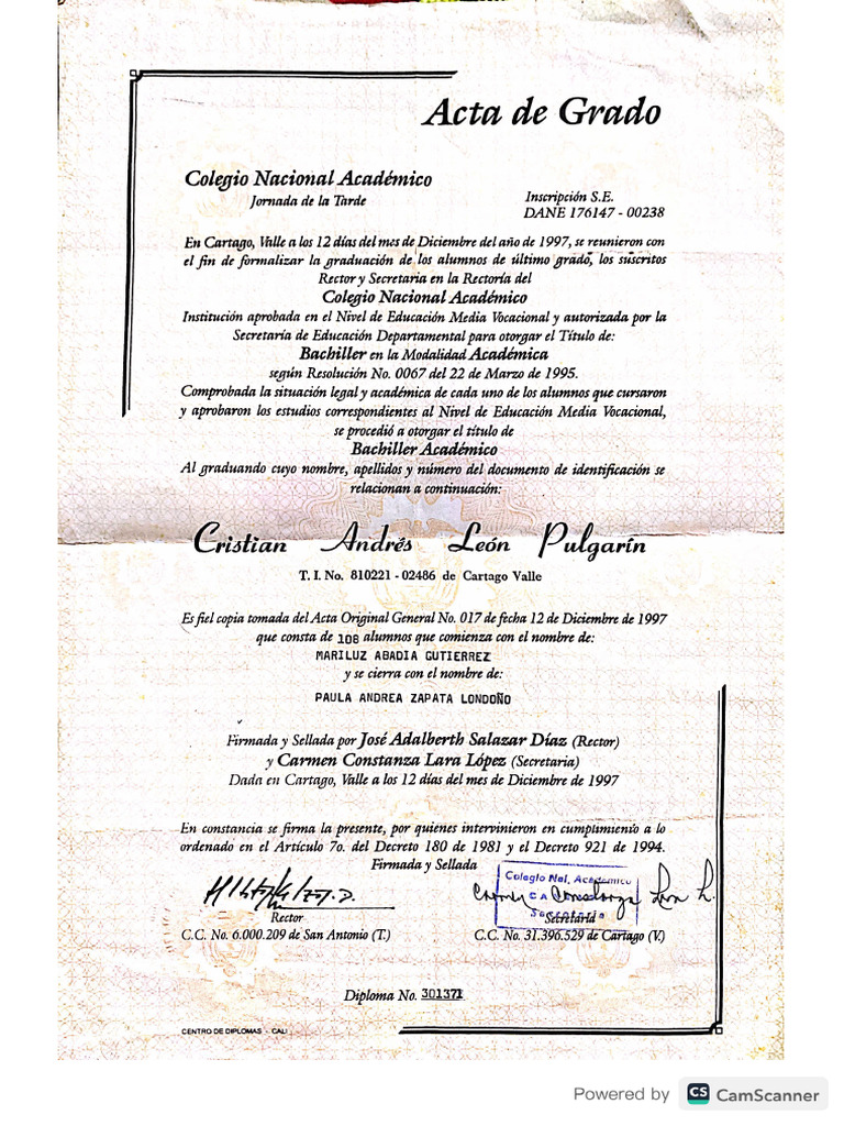Acta de Grado Colegio | PDF