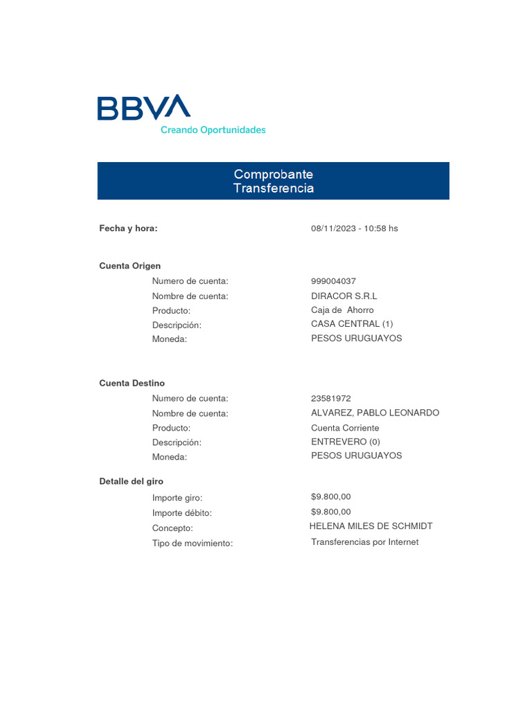 Comprobante Transferencia BBVA | PDF