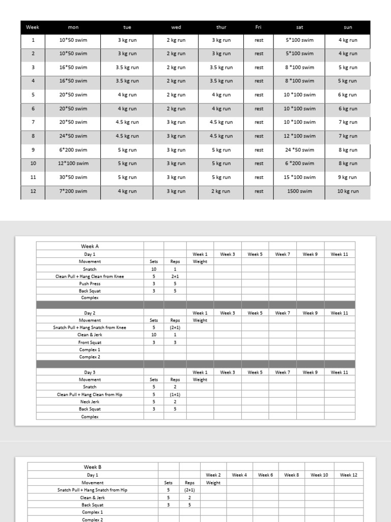 Week Mon Tue Wed Thur Fri Sat Sun | PDF | Physical Exercise | Weight
