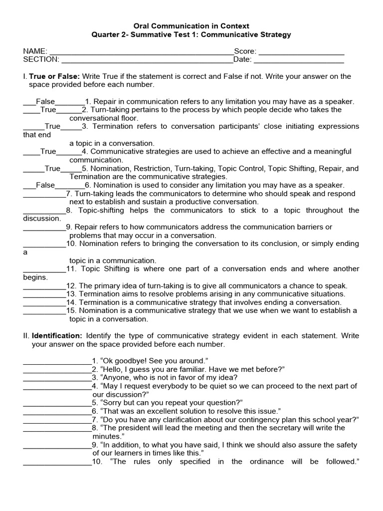Communicative Strategy Summative Test | Download Free PDF ...