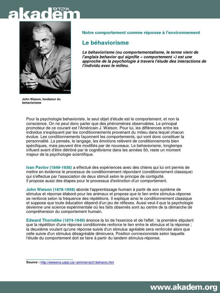 Le béhaviorisme selon John Watson | PDF | Béhaviorisme | Concept de ...