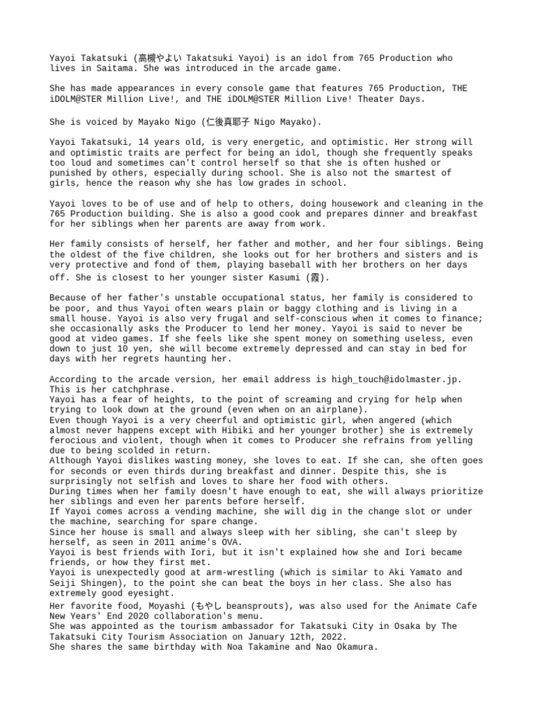 Yayoi Takatsuki Profile From Project-Imas | PDF