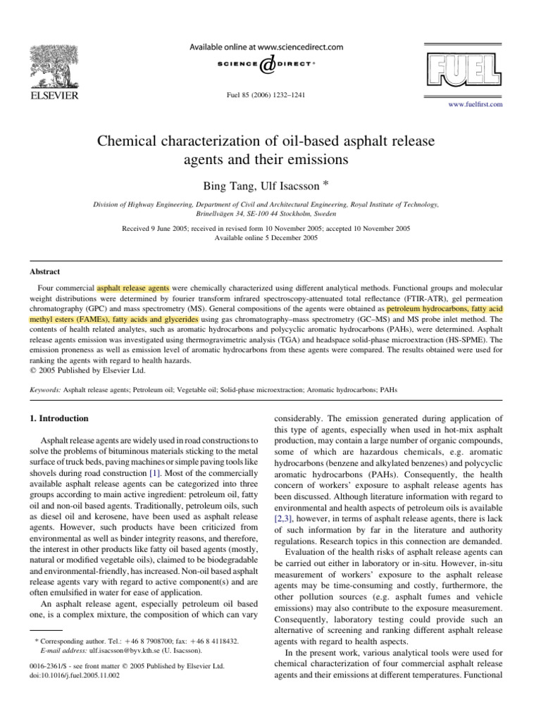 Chemical Analysis of Asphalt Release Agents | PDF | Gas Chromatography ...