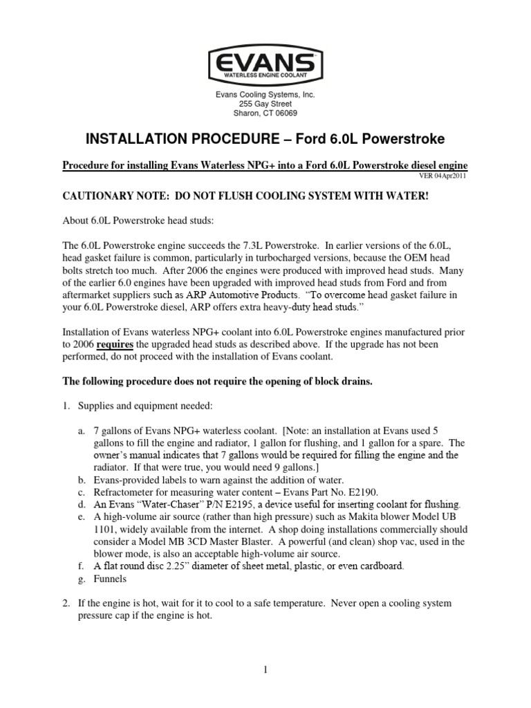 6 0L Ford Powerstroke Evans Install Procedure Ver 04apr11 | PDF | Thermostat | Mechanical ...