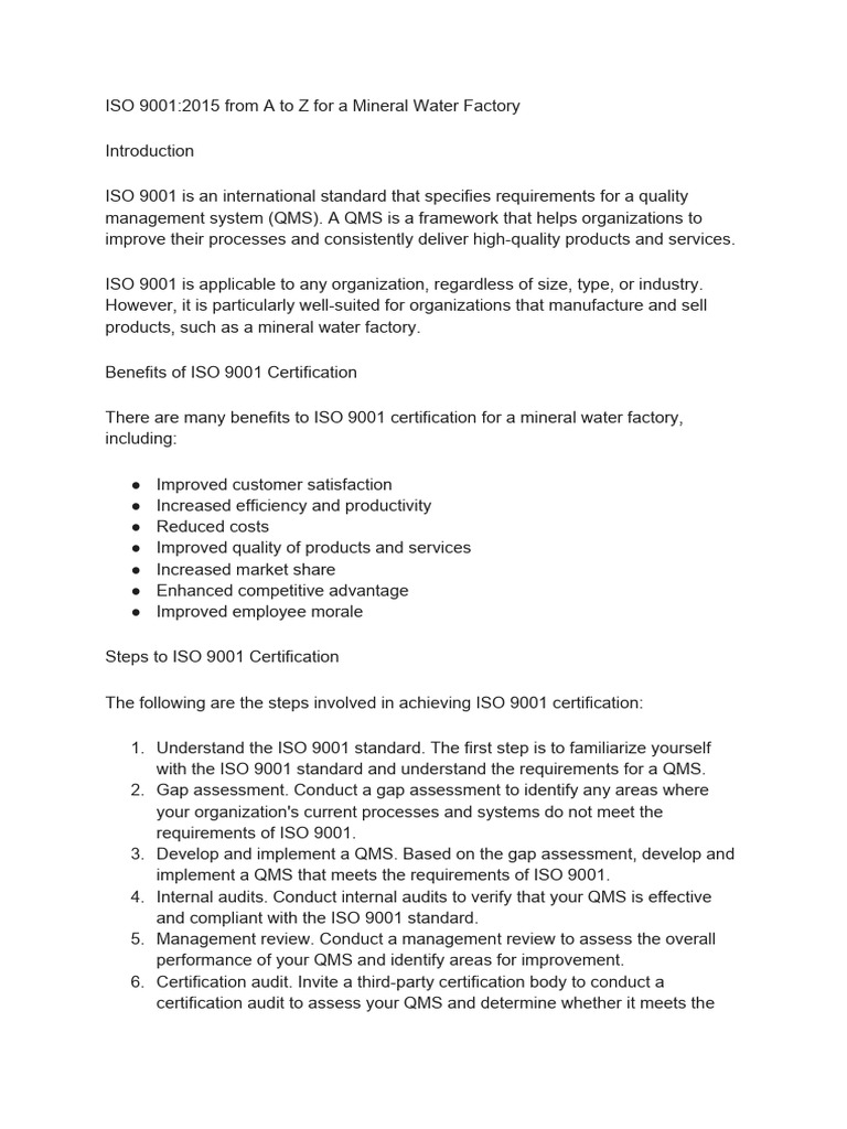 ISO 9001 Guide for Mineral Water Factories | PDF | Iso 9000 | Quality ...