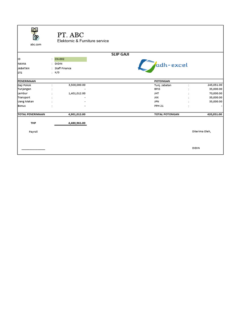 Contoh Slip Gaji Excel Pdf