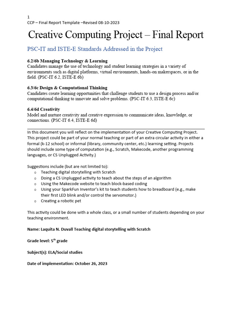 Duvall Creative Computing Project Final Report | PDF | Creativity | Scratch (Programming Language)