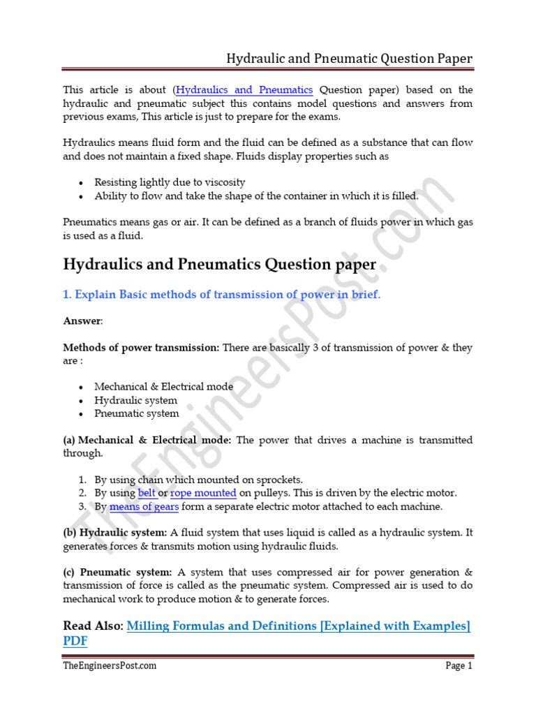 Hydraulic and Pneumatic Question Paper | PDF | Pump | Valve