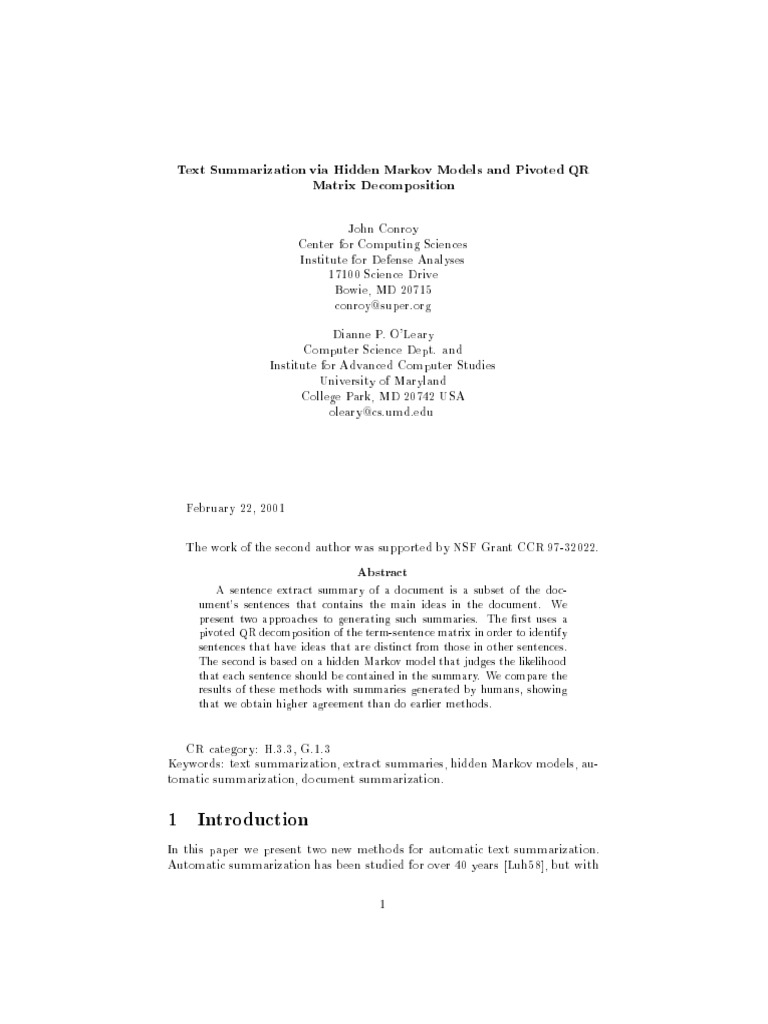 Text Summarization Via Hidden Markov Models Pdf Matrix Mathematics Markov Chain