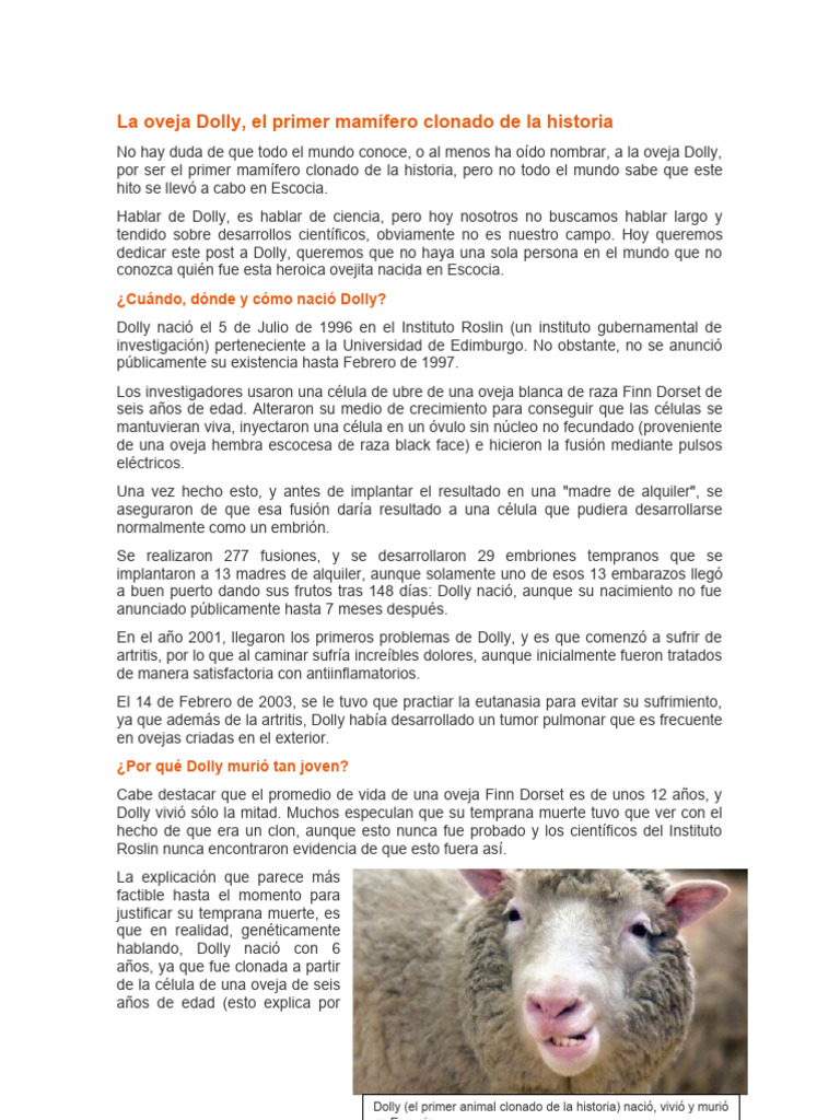 La Oveja Dolly | PDF | Clonación | Procesos biologicos