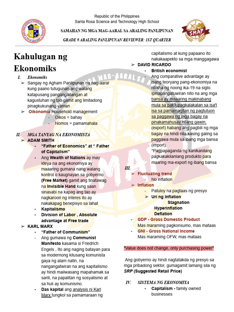 SMAP - Grade 9 Ekonomiks Reviewer | PDF