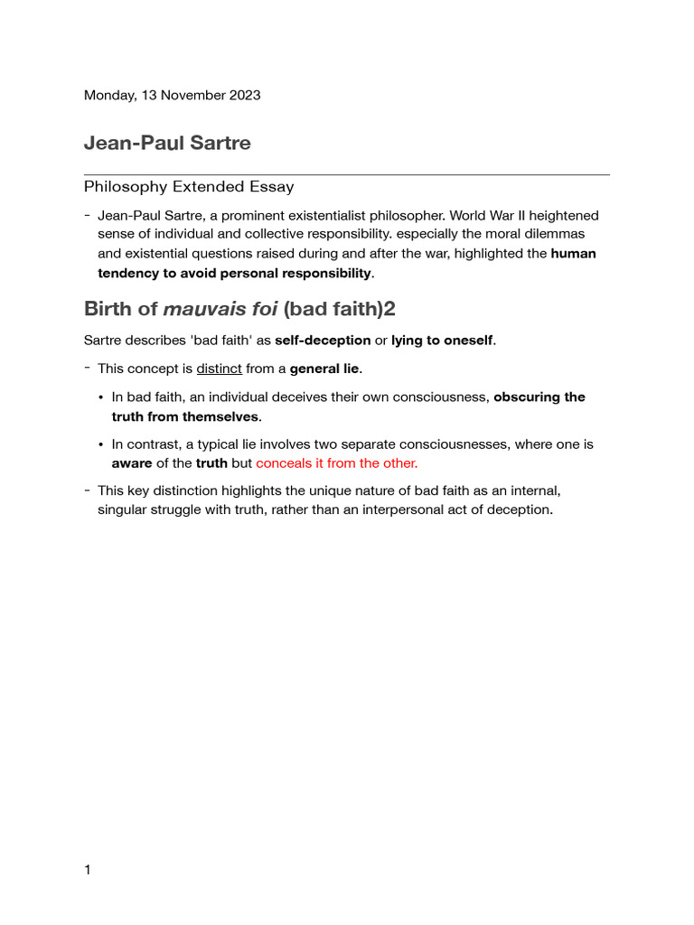 Sartre's Concept of Bad Faith Explained | PDF