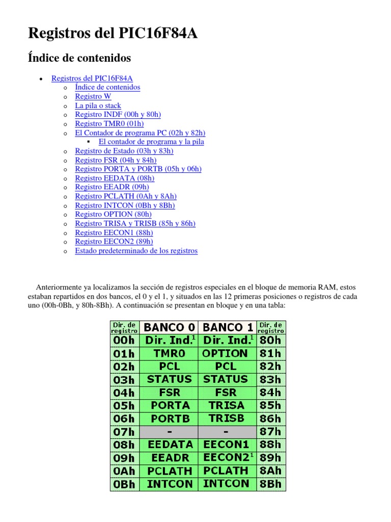 Registros del PIC16F84A | PDF | Microcontrolador | Poco