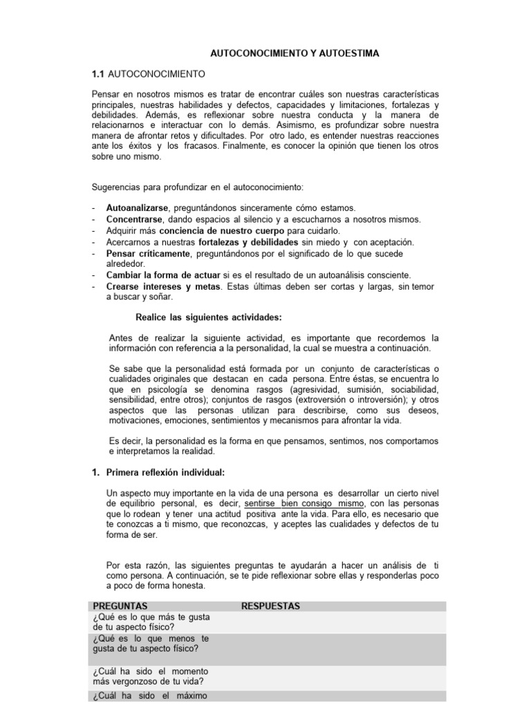 Autoconocimiento y Autoestima Tema Final | PDF | Pensamiento | Autoestima